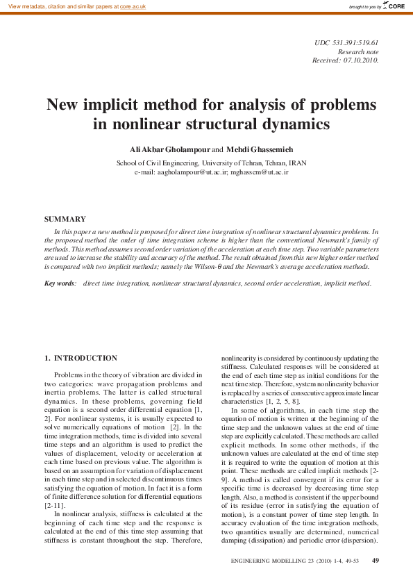 Pdf New Implicit Method For Analysis Of Problems In Nonlinear Structural Dynamics Nova