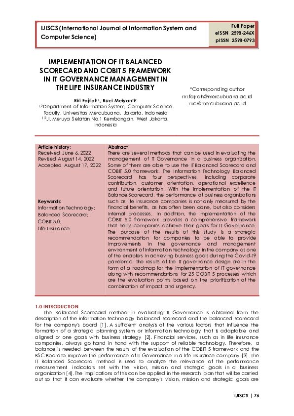 Pdf Implementation Of It Balanced Scorecard And Cobit 5 Framework In