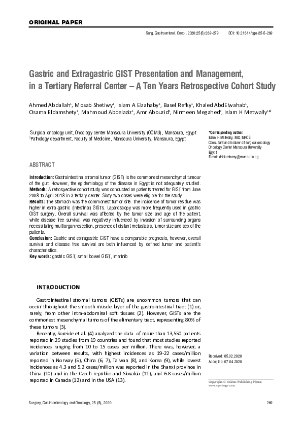 Pdf Gastric And Extragastric Gist Presentation And Management In A Tertiary Referral Center