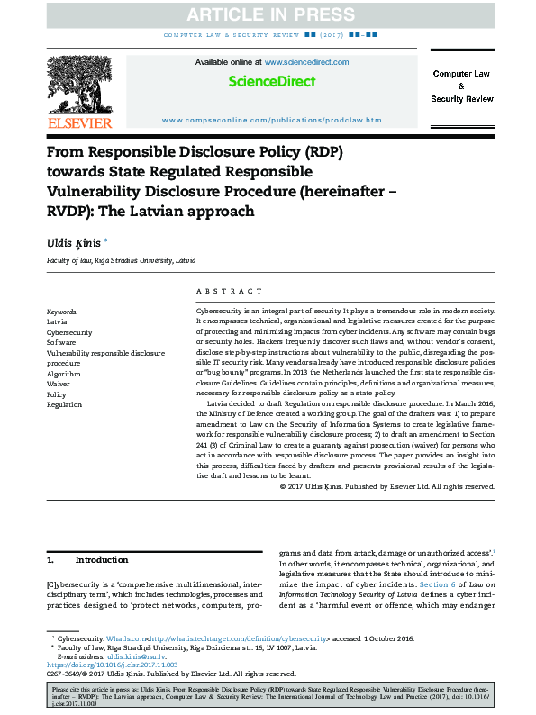 (PDF) From Responsible Disclosure Policy (RDP) towards State Regulated ...