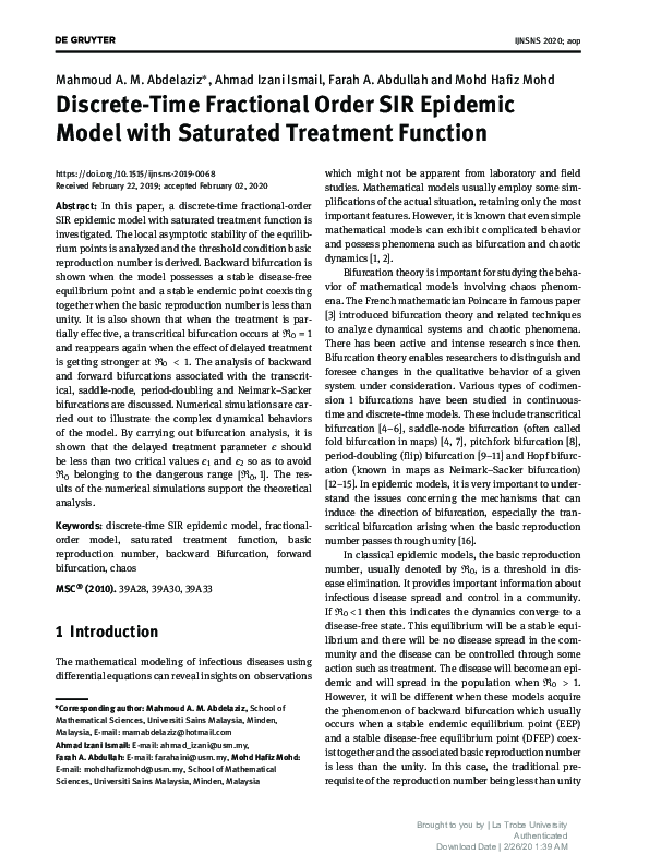 Pdf Discrete Time Fractional Order Sir Epidemic Model With Saturated Treatment Function