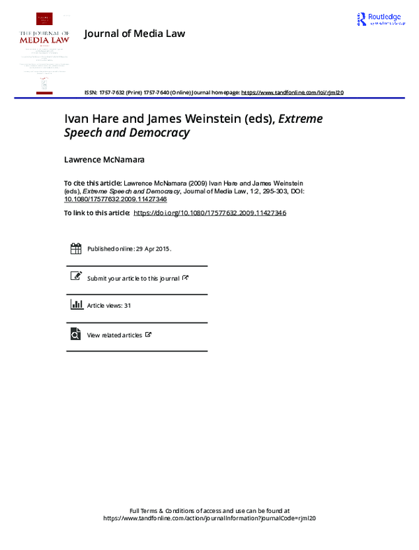 (PDF) Ivan Hare and James Weinstein (eds),Extreme Speech and Democracy