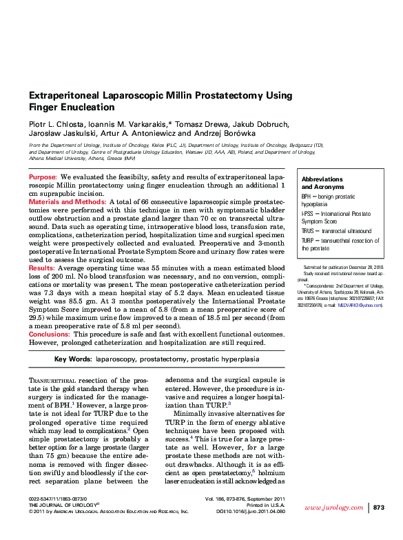 (PDF) Extraperitoneal Laparoscopic Millin Prostatectomy Using Finger ...