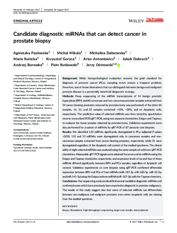 Pdf Candidate Diagnostic Mirnas That Can Detect Cancer In Prostate