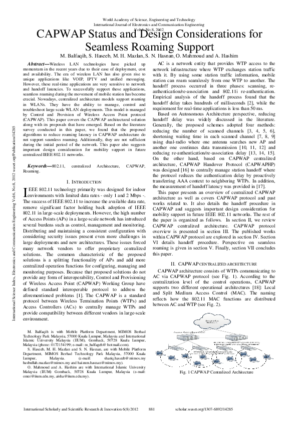 (PDF) Capwap Status And Design Considerations For Seamless Roaming Support