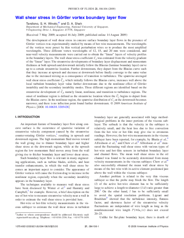 (PDF) Wall shear stress in Görtler vortex boundary layer flow