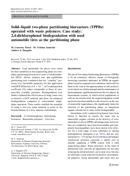 (PDF) Solid–liquid two-phase partitioning bioreactors (TPPBs) operated with waste polymers. Case ...