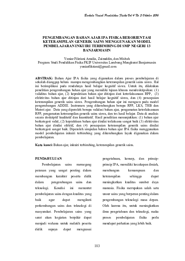 (PDF) Pengembangan Bahan Ajar IPA Fisika Berorientasi Keterampilan Generik Sains Menggunakan ...