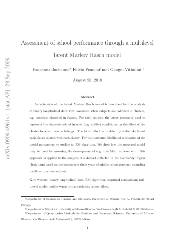 (PDF) Assessment of School Performance Through a Multilevel Latent Markov Rasch Model | Fulvia ...
