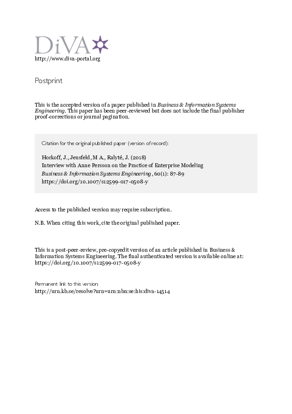 Interview with Anne Persson on “The Practice of Enterprise Modeling”