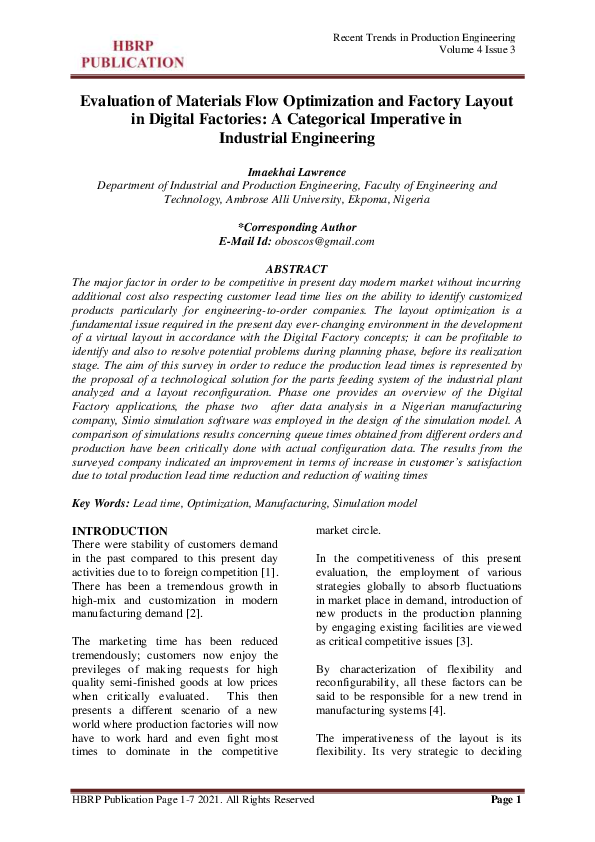 Pdf Evaluation Of Materials Flow Optimization And Factory Layout In