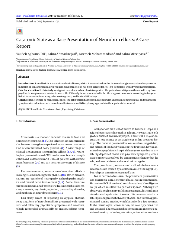 (PDF) Catatonic State as a Rare Presentation of Neurobrucellosis: A ...