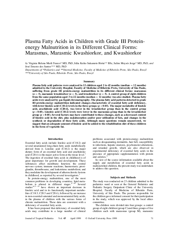 (PDF) Plasma fatty acids in children with grade III protein-energy ...