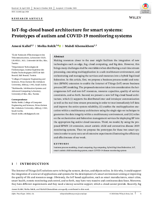 (PDF) IoT‐fog‐cloud based architecture for smart systems: Prototypes of ...