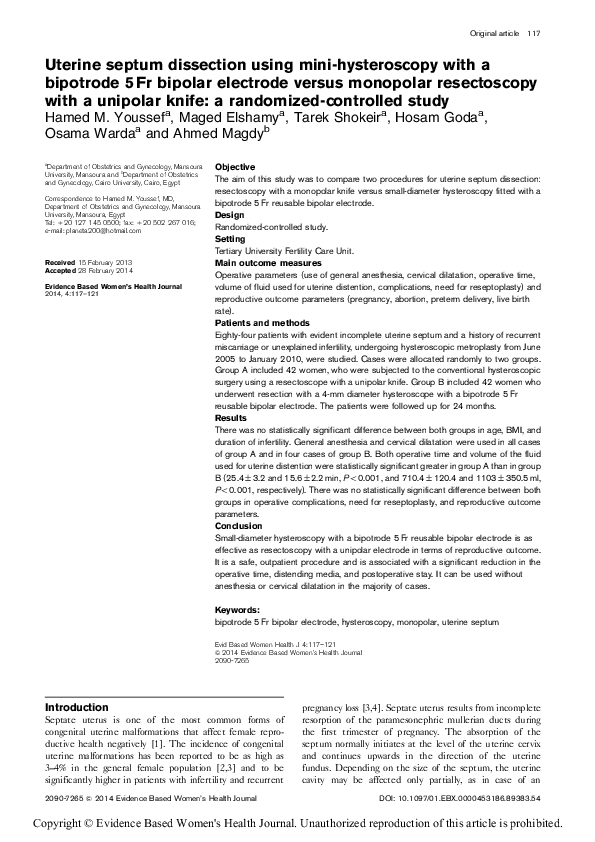 (PDF) Uterine septum dissection using mini-hysteroscopy with bipotrode ...