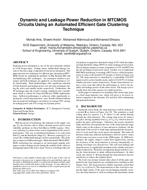 (PDF) Dynamic and leakage power reduction in MTCMOS circuits using an automated efficient gate ...