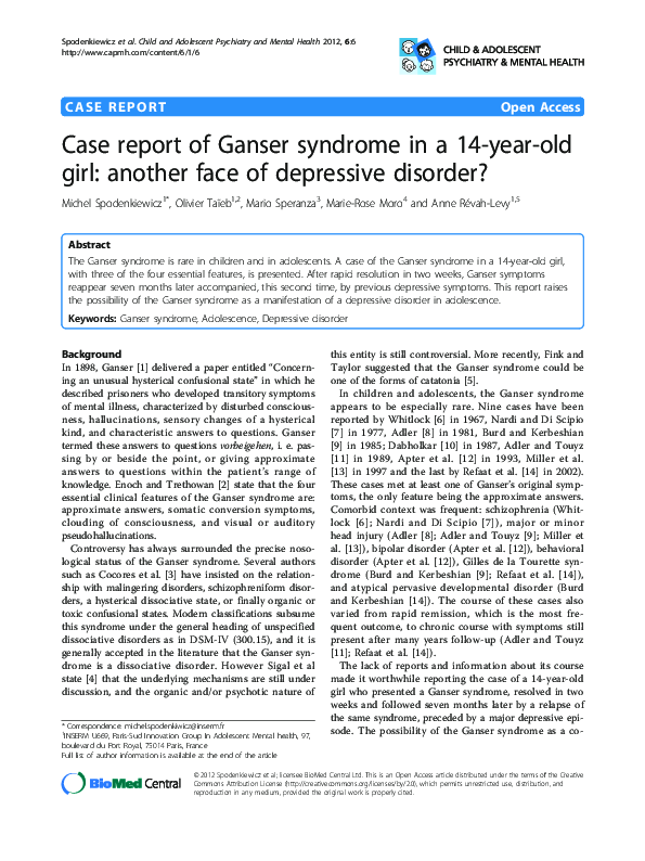 (PDF) Case report of Ganser syndrome in a 14-year-old girl: another ...
