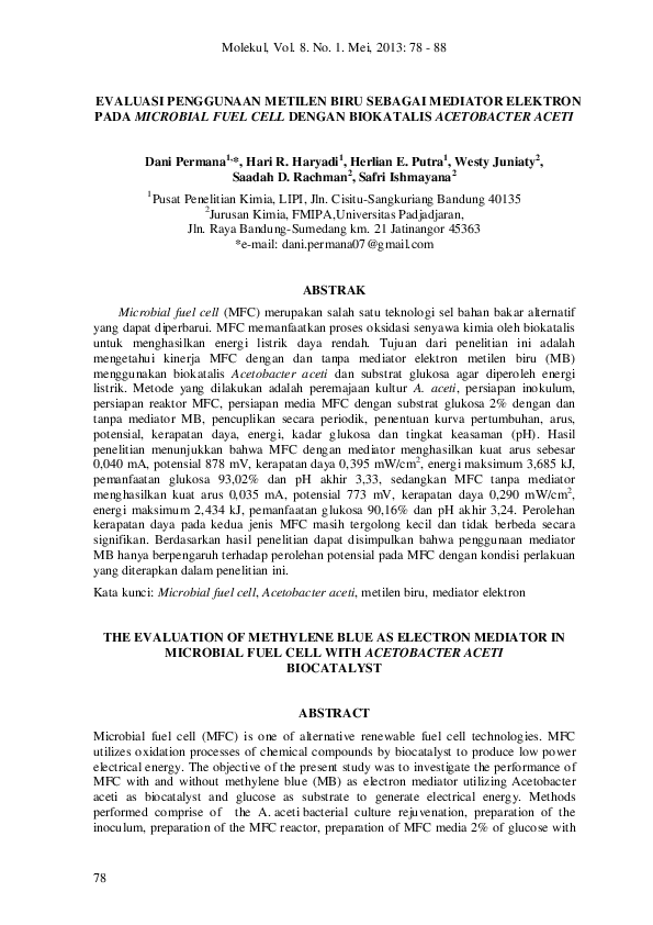 (PDF) Evaluasi Penggunaan Metilen Biru Sebagai Mediator Elektron Pada ...