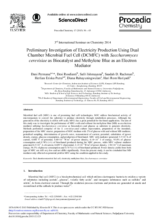 (PDF) Preliminary Investigation of Electricity Production Using Dual Chamber Microbial Fuel Cell ...