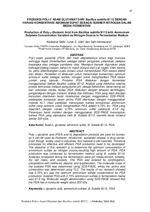 (PDF) PRODUKSI POLI-Γ-ASAM GLUTAMAT DARI Bacillus subtilis B112 DENGAN ...