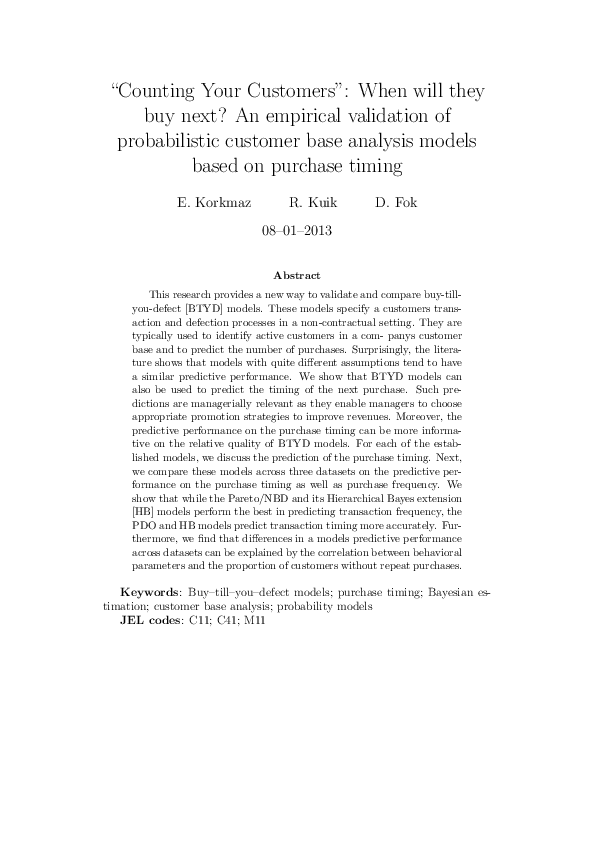 (PDF) Counting Your Customers": When will they buy next? An empirical validation of ...