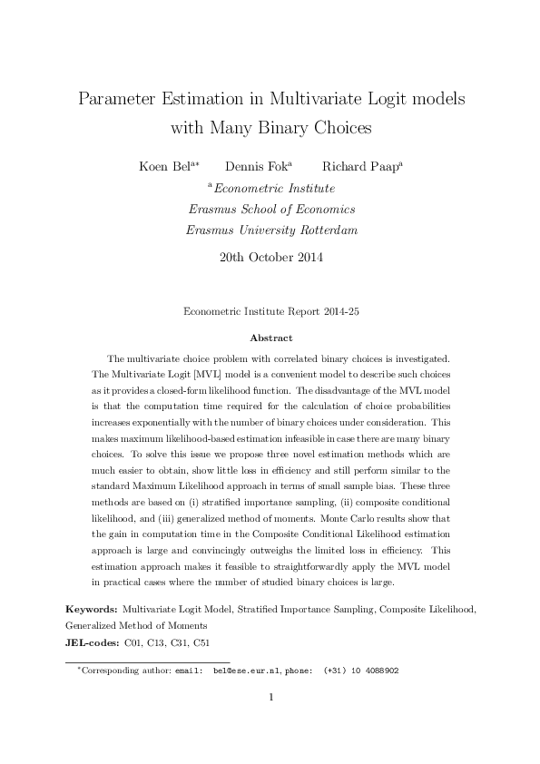 (PDF) Parameter estimation in multivariate logit models with many binary choices