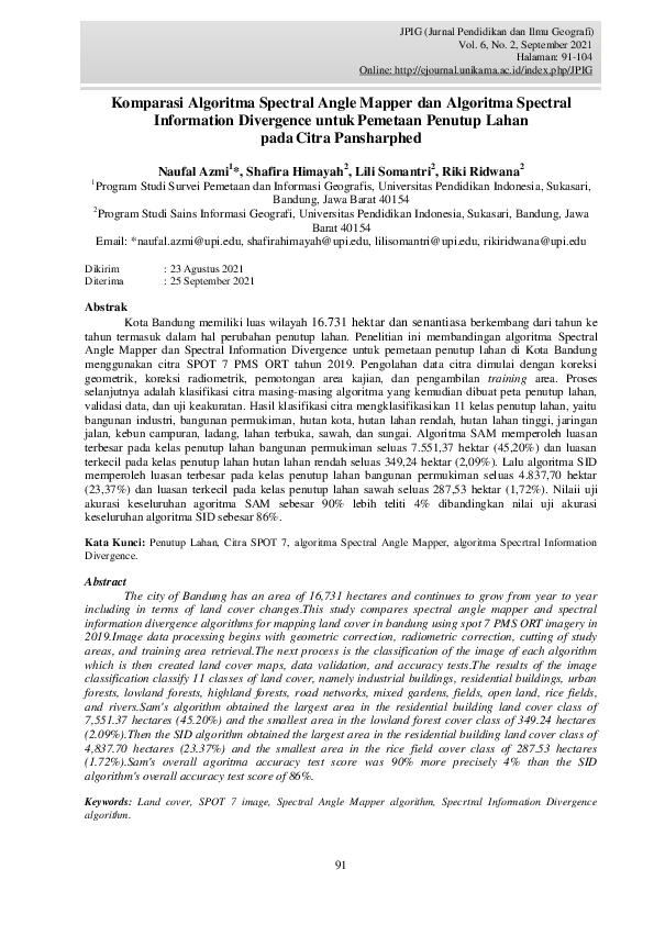 (PDF) Komparasi Algoritma Spectral Angle Mapper dan Algoritma Spectral Information Divergence ...