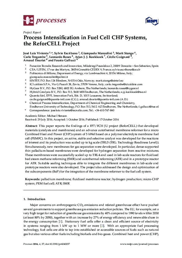 (PDF) Process Intensification in Fuel Cell CHP Systems, the ReforCELL Project