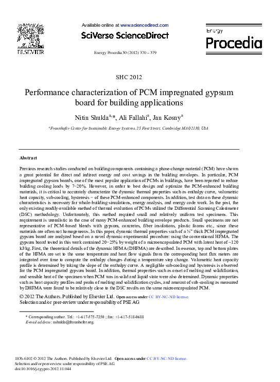 (PDF) Performance characterization of PCM impregnated gypsum board for building applications