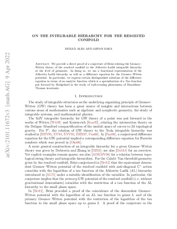 (PDF) On the integrable hierarchy for the resolved conifold