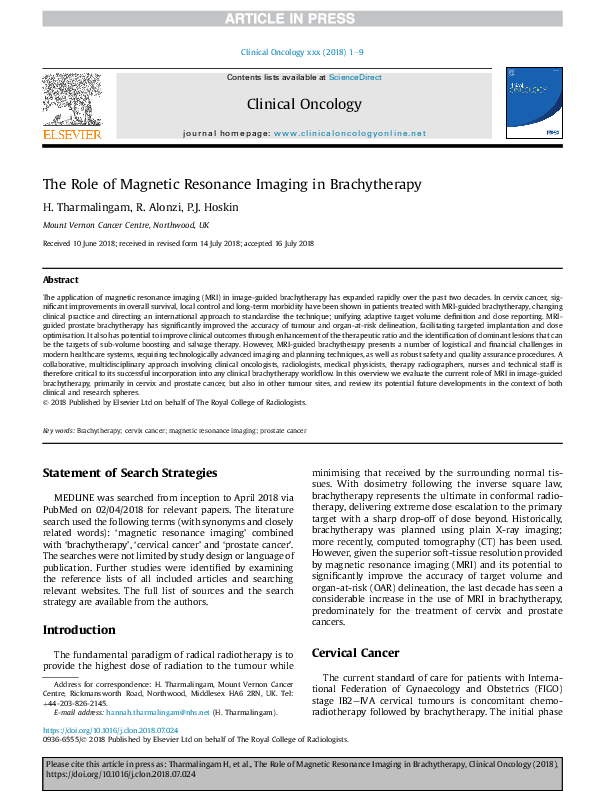 (PDF) The Role of Magnetic Resonance Imaging in Brachytherapy
