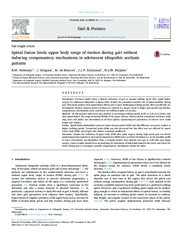 (PDF) Spinal fusion limits upper body range of motion during gait ...