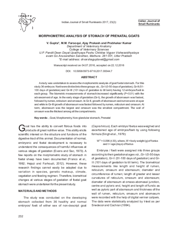 (PDF) MORPHOMETRIC ANALYSIS OF STOMACH OF PRENATAL GOATS