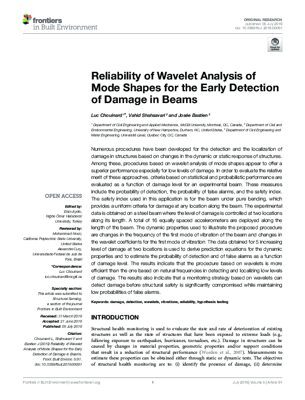 (PDF) Reliability of Wavelet Analysis of Mode Shapes for the Early Detection of Damage in Beams