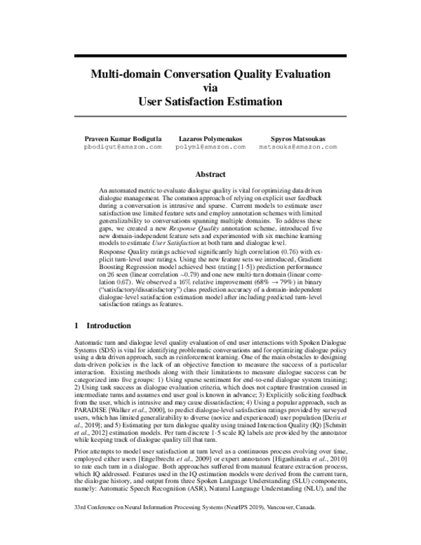 Pdf Multi Domain Conversation Quality Evaluation Via User Satisfaction Estimation