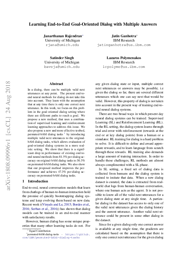 Pdf Learning End To End Goal Oriented Dialog With Multiple Answers