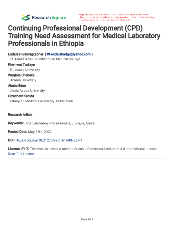 (PDF) Continuing Professional Development (CPD) Training Need Assessment for Medical Laboratory ...