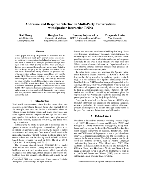 Pdf Addressee And Response Selection In Multi Party Conversations With Speaker Interaction Rnns