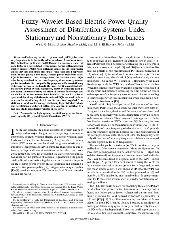 (PDF) Fuzzy-Wavelet-Based Electric Power Quality Assessment of Distribution Systems Under ...
