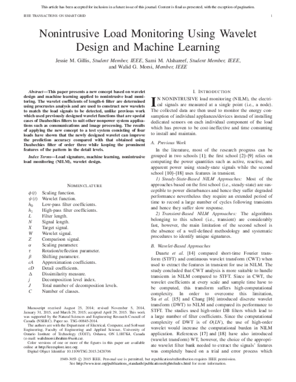 (PDF) Nonintrusive Load Monitoring Using Wavelet Design and Machine Learning