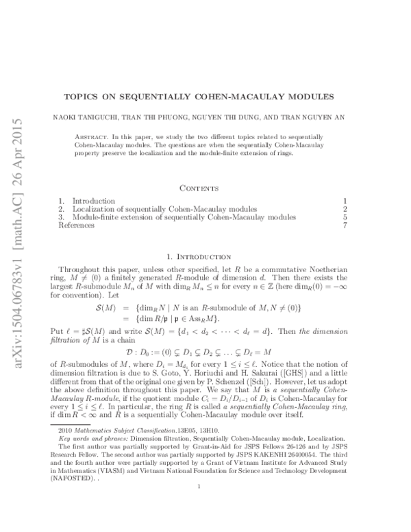 (PDF) Topics on sequentially Cohen-Macaulay modules