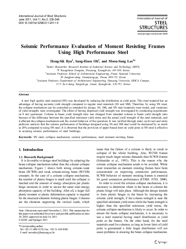 Pdf Seismic Performance Evaluation Of Moment Resisting Frames Using High Performance Steel