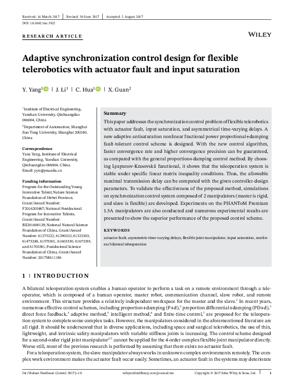 (PDF) Adaptive synchronization control design for flexible telerobotics with actuator fault and ...
