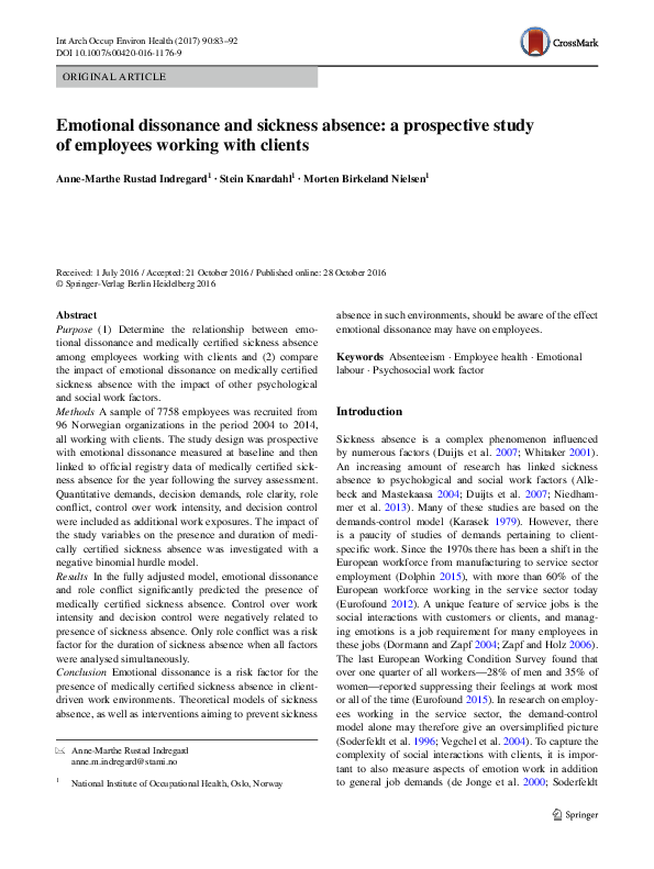 (PDF) Emotional dissonance and sickness absence: a prospective study of ...