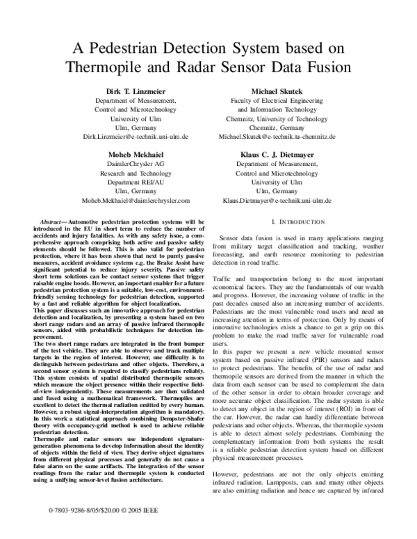 Pdf A Pedestrian Detection System Based On Thermopile And Radar Sensor Data Fusion