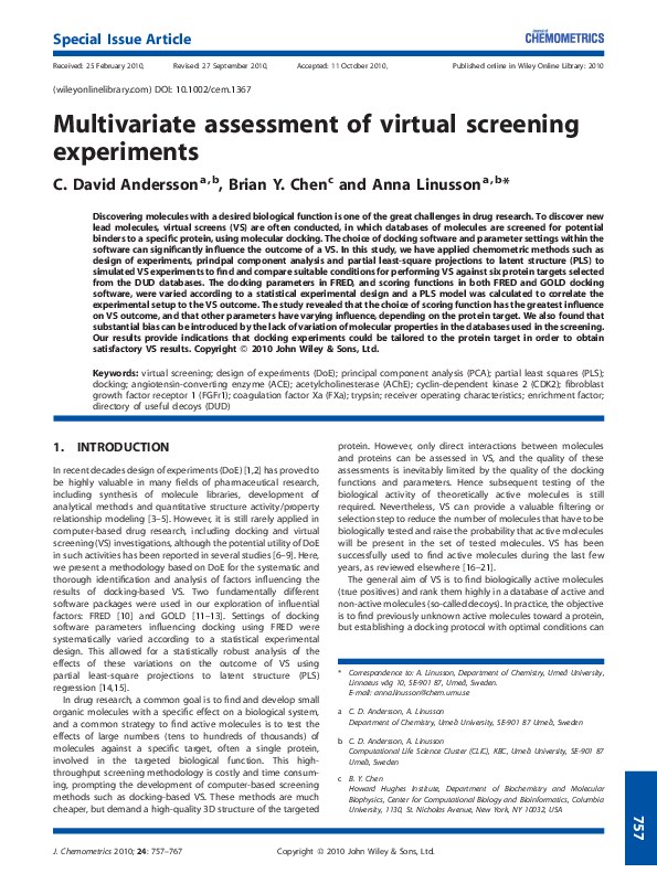 (PDF) Multivariate assessment of virtual screening experiments | Brian Chen - Academia.edu
