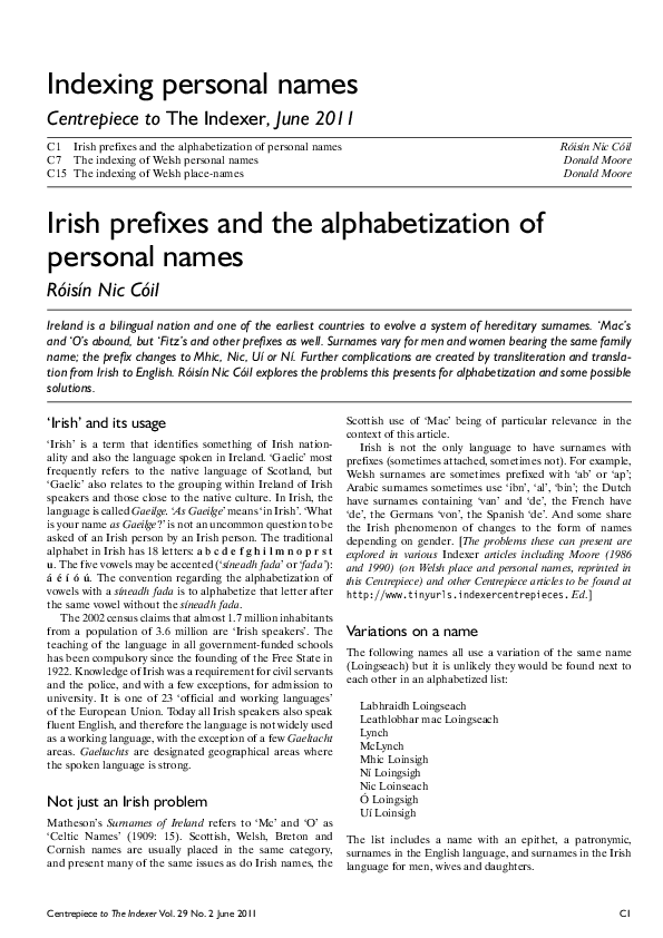 (PDF) Irish prefixes and the alphabetization of personal names