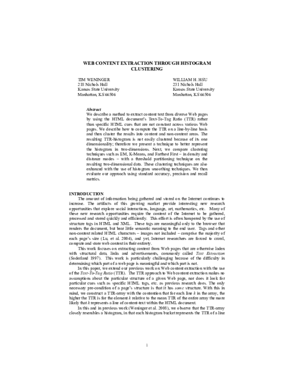 Pdf Web Content Extraction Through Histogram Clustering