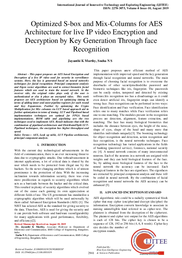 (PDF) Optimized S-box and Mix-Columns for AES Architecture for live IP video Encryption and ...