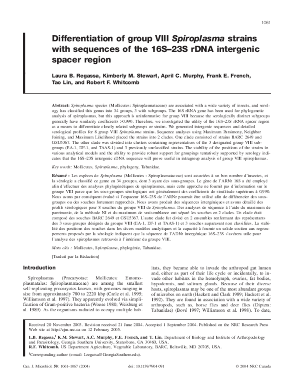 (PDF) Differentiation of group VIII Spiroplasma strains with sequences ...
